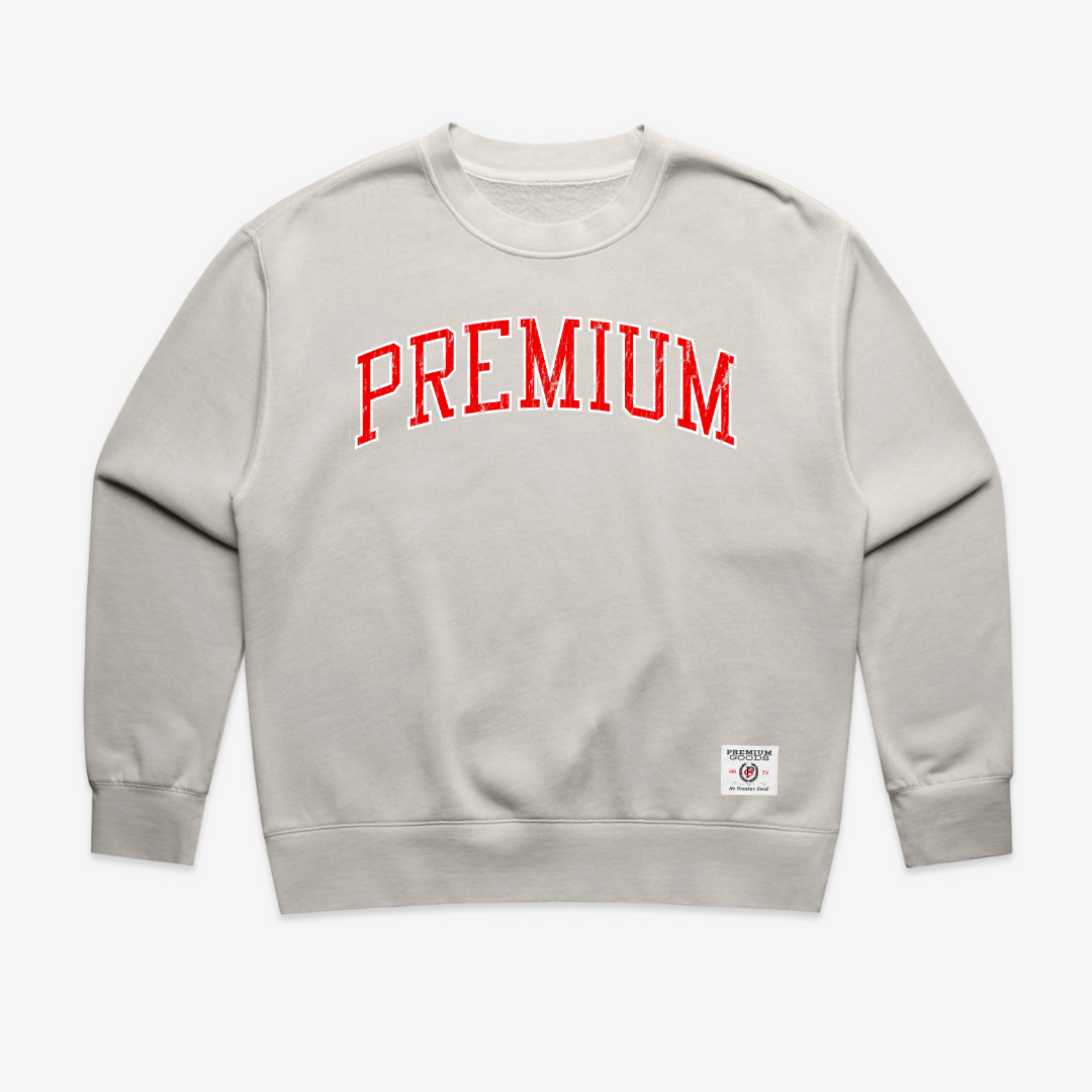 mens premiumgoods. arch logo crewneck sweater (faded bone) – Premium Goods
