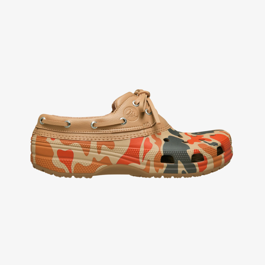 mens crocs classic duck camo boat shoe (tan/shocking orange) – Premium ...